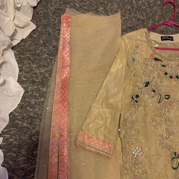 Dresses | Gold Embroidered Net Outfit With Green Pants And Net Dupatta ...